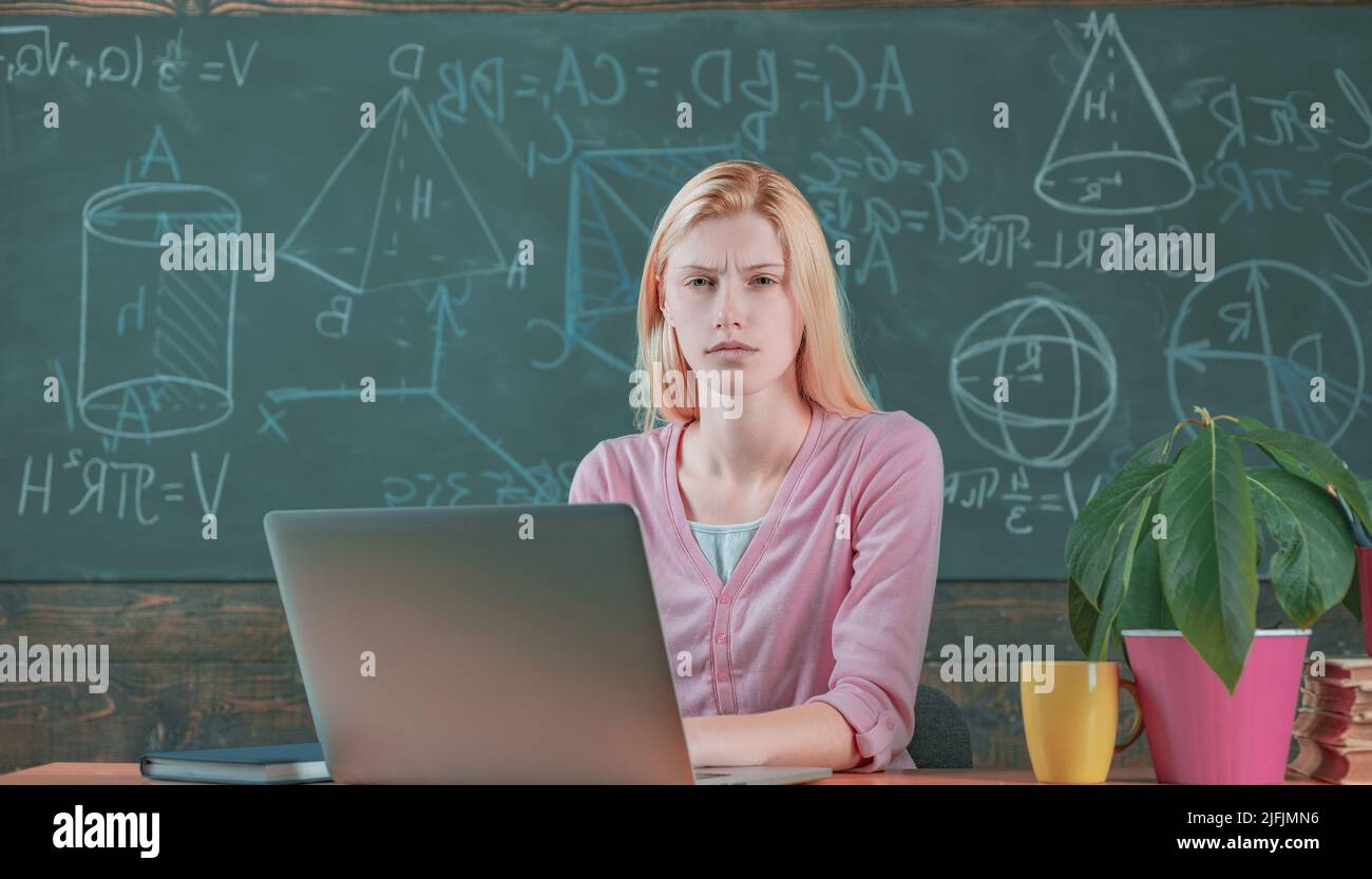 Back to school. Remote education. Student adorable blonde girl ...