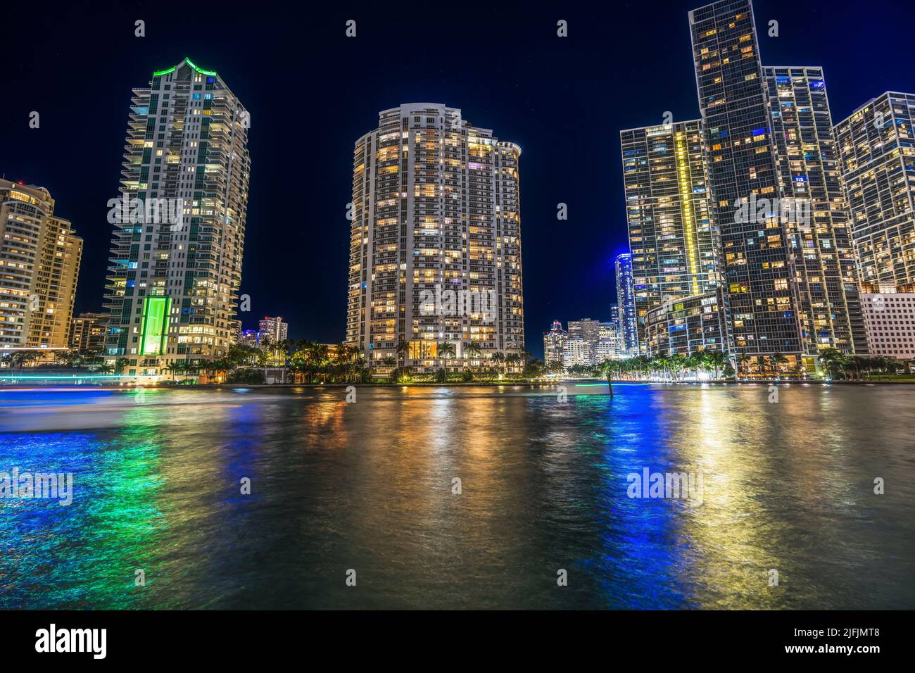 Colorful Miami River Water Reflections Night Stars Apartment Buildings ...