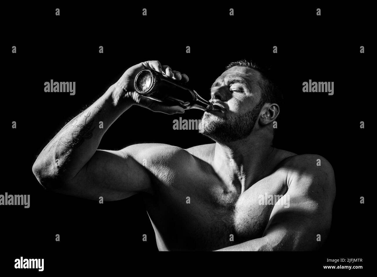 Man with bottle of beer, close up face. Drunk man drinker alcoholic ...