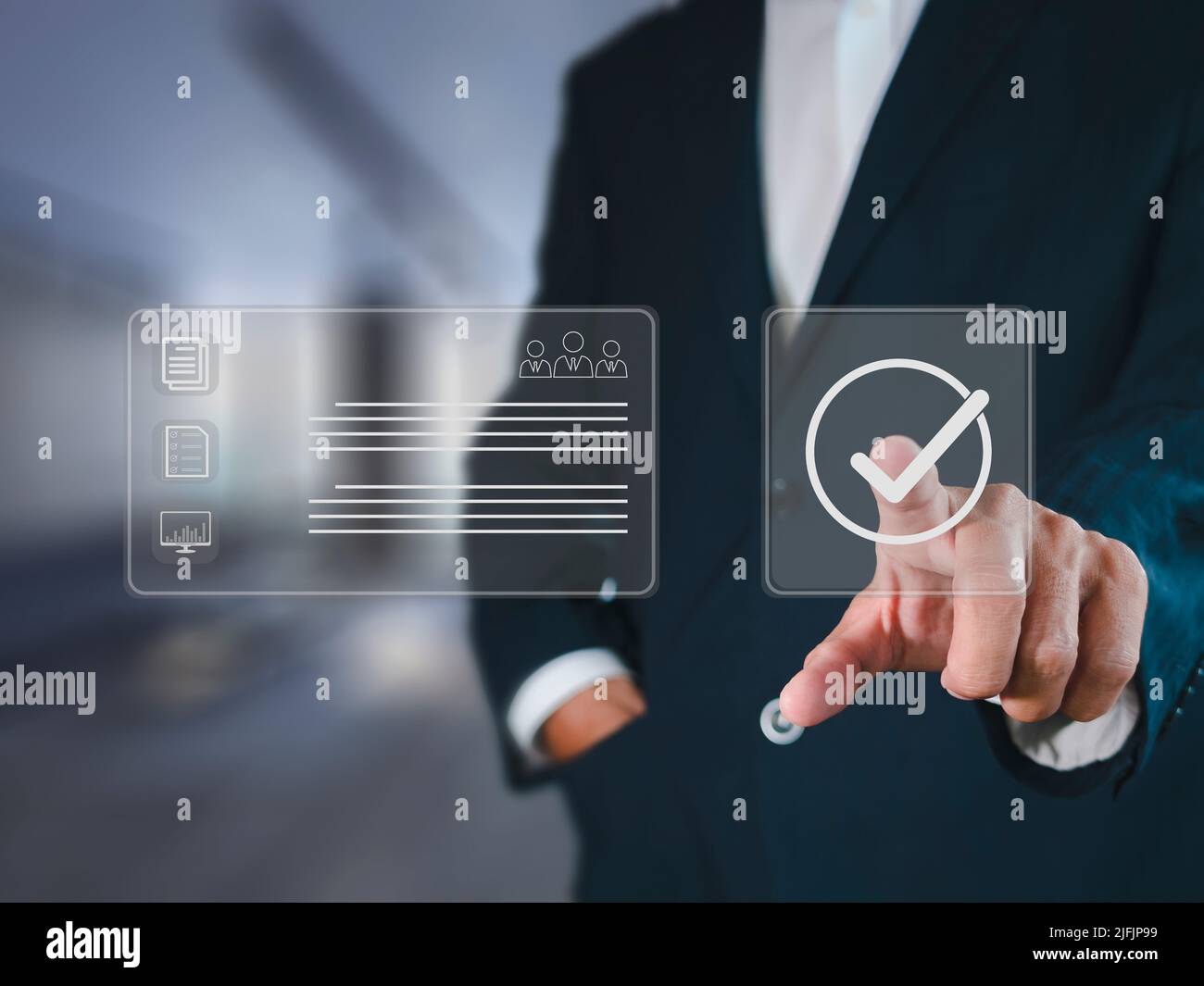 Businessman hand point check mark on virtual screen for quality control QC certification assures ...