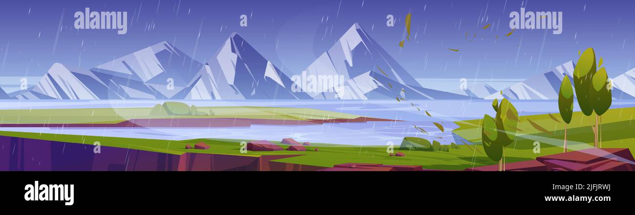 Rainy summer landscape with lake, green fields and mountains. Vector ...