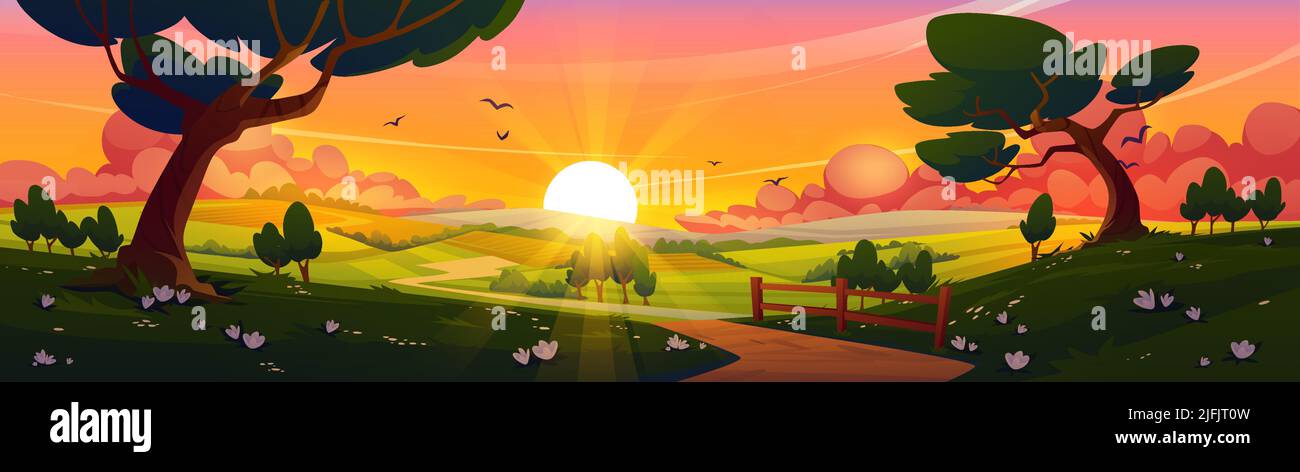 Summer nature landscape with country road and agriculture fields at ...