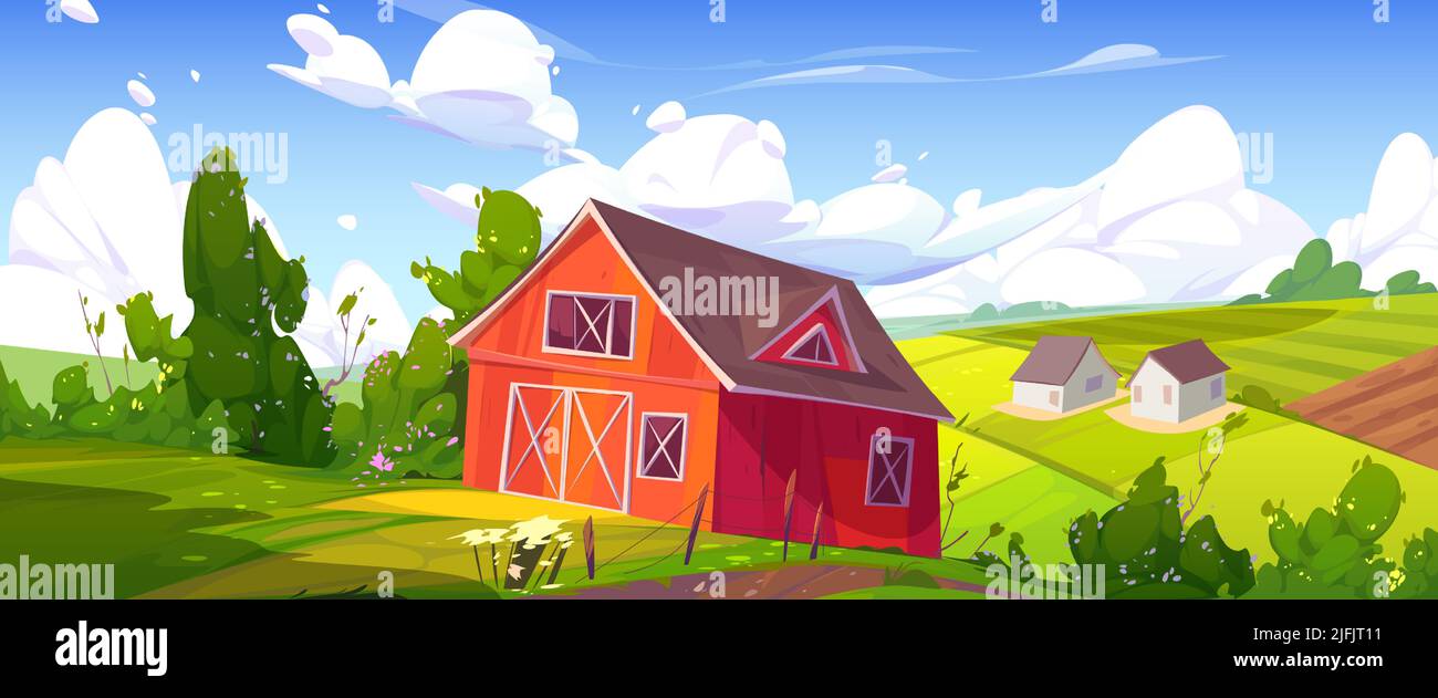 Summer rural landscape with farm barn, green agriculture fields and ...