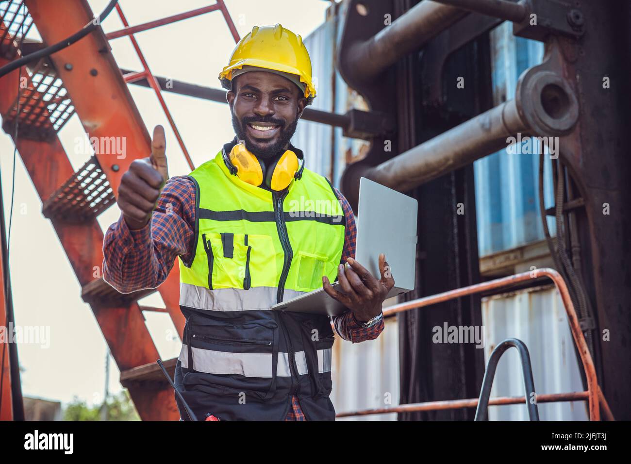 African black engineer worker portrait happy smile hand sign thumbs up ...
