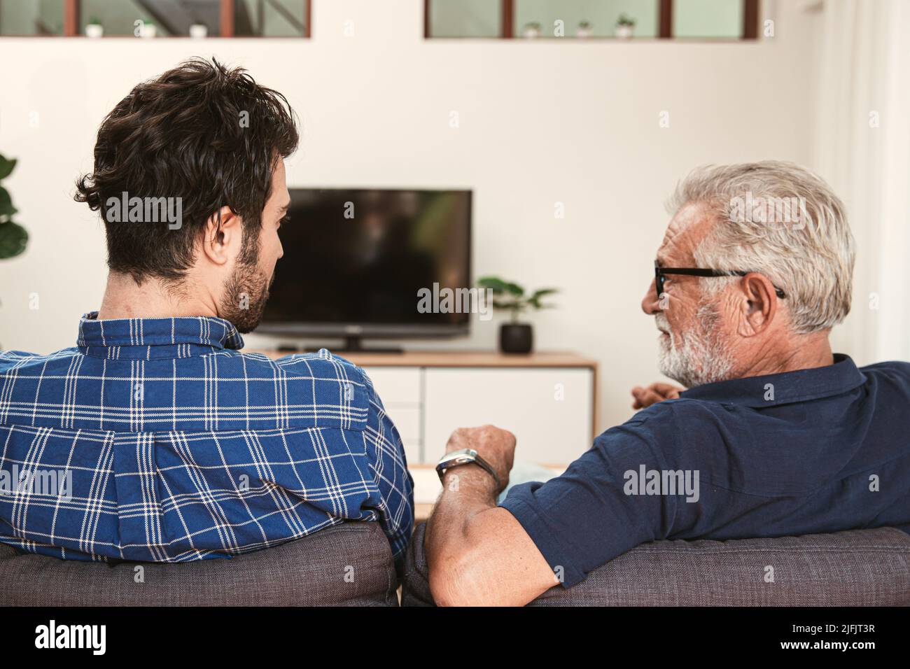 elderly father with son man talking discuss understanding together at ...