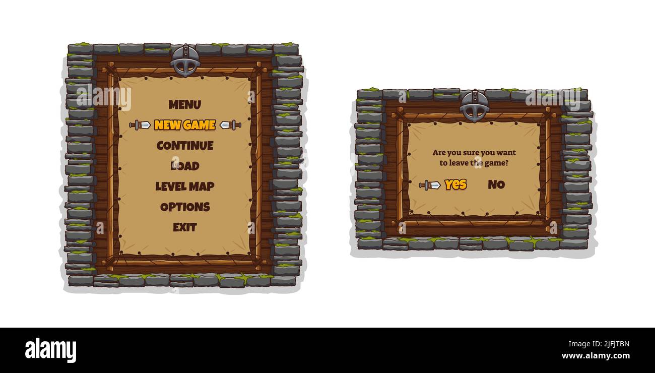 Game menu frame with buttons, medieval helmet, stone wall and wooden board. Vector cartoon set ...