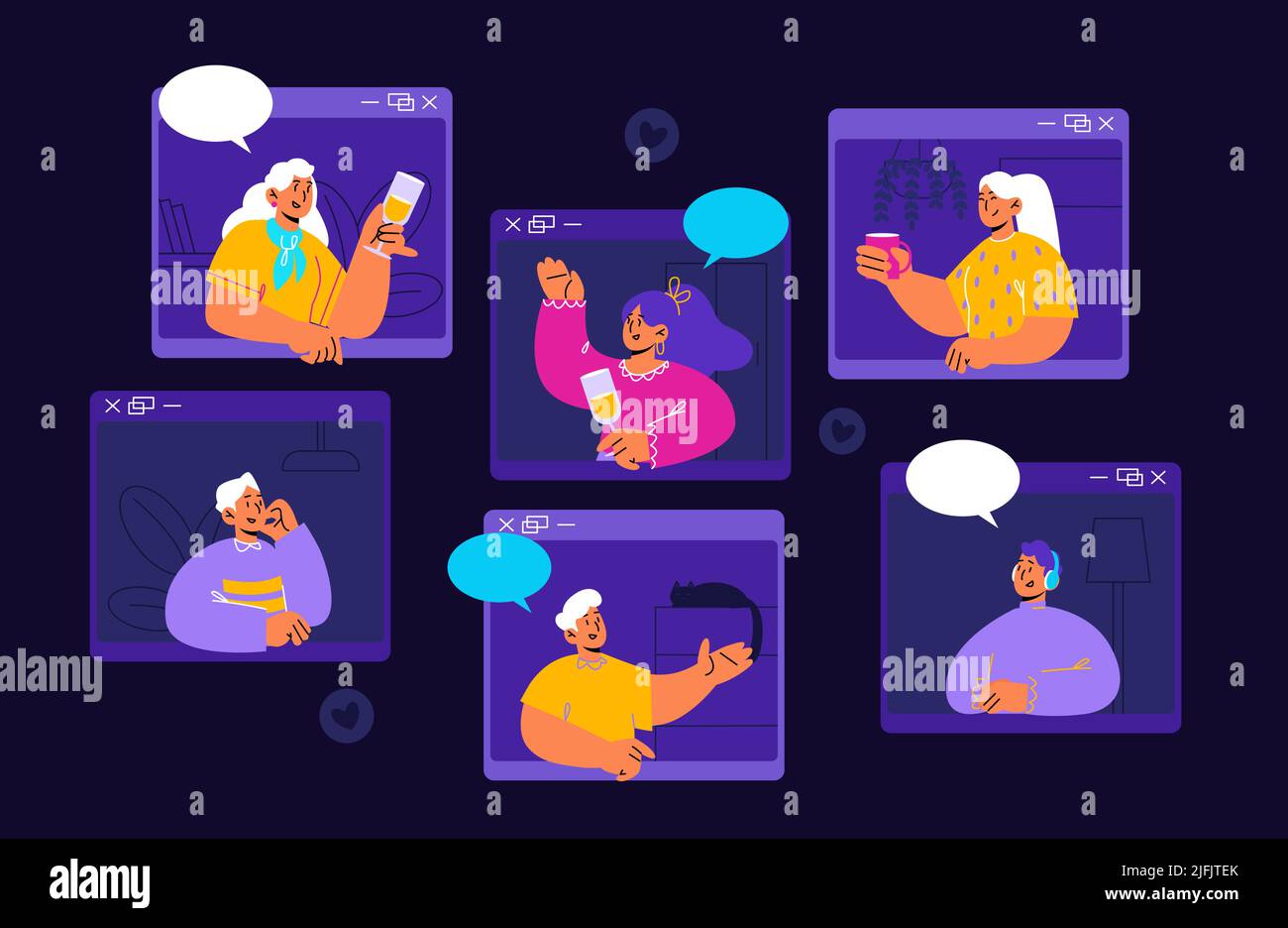 Online meeting friends, video conference with happy people on screens ...