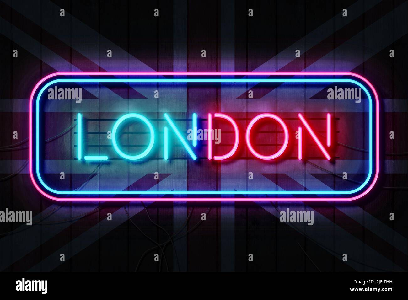 London neon sign on a Dark Wooden Wall 3D illustration with Union Jack ...