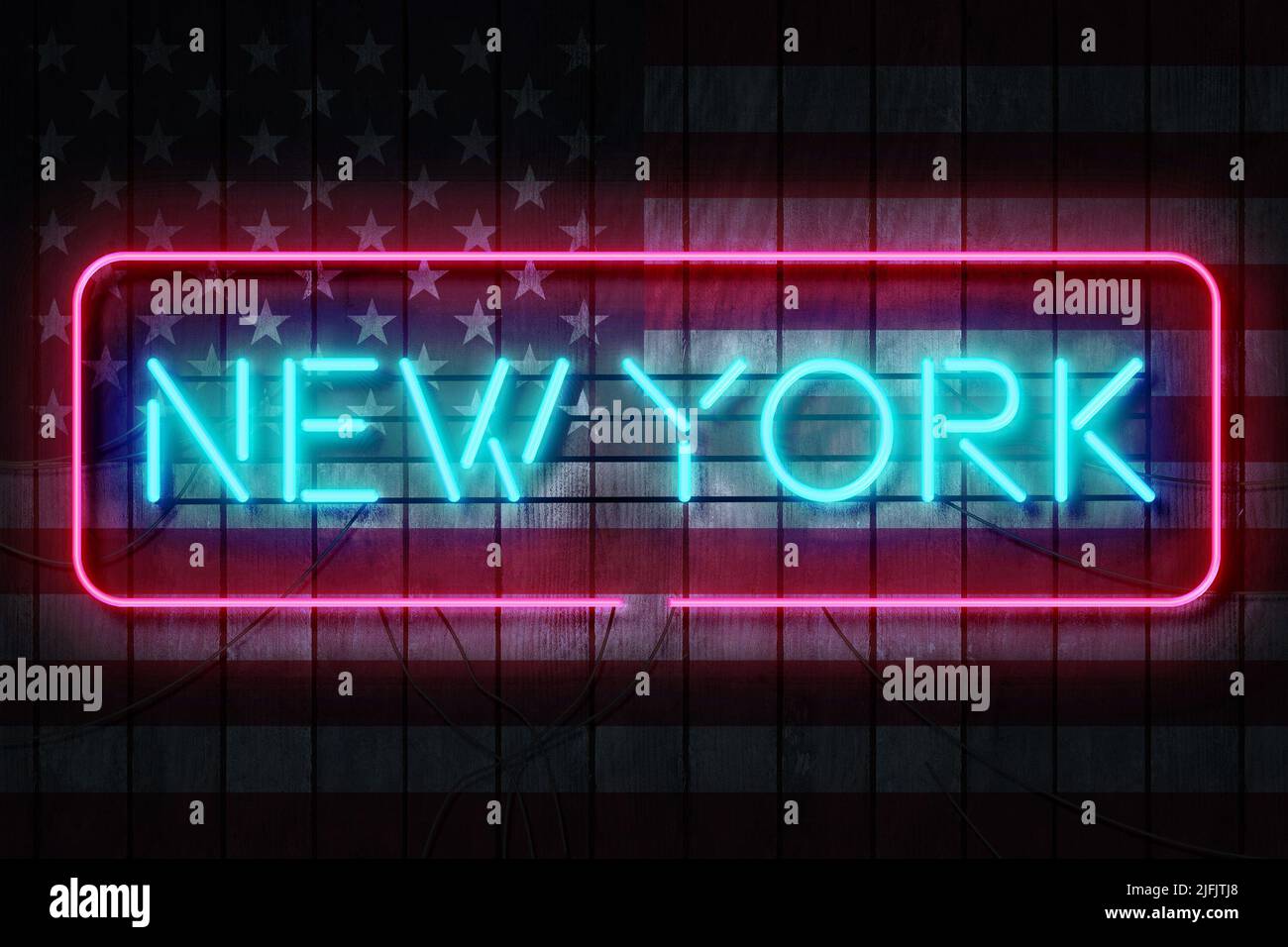 New York neon sign on a Dark Wooden Wall 3D illustration with stars and ...