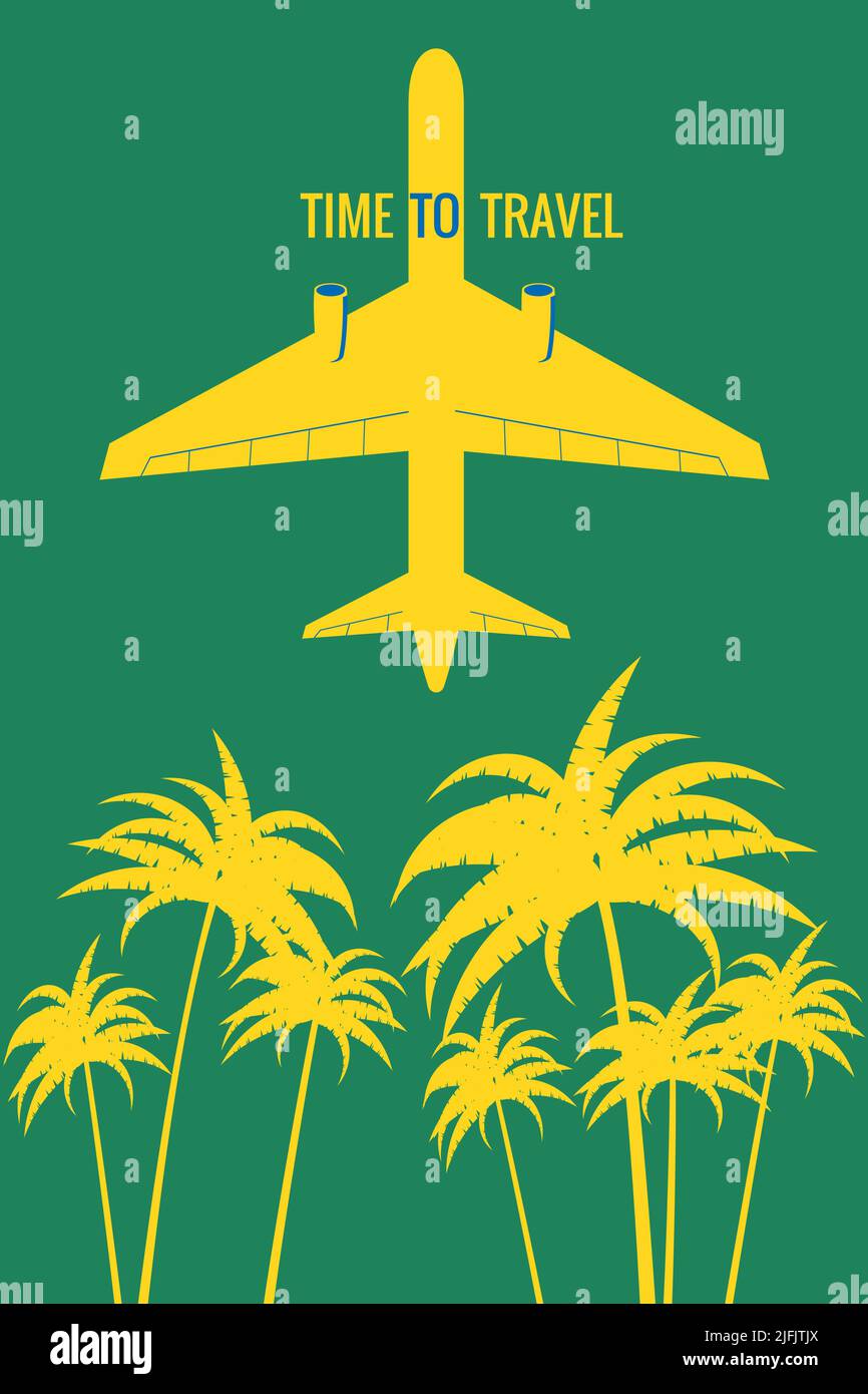 Poster Plane in the sky, take-off, palms, suncet. Vintage Summer ...