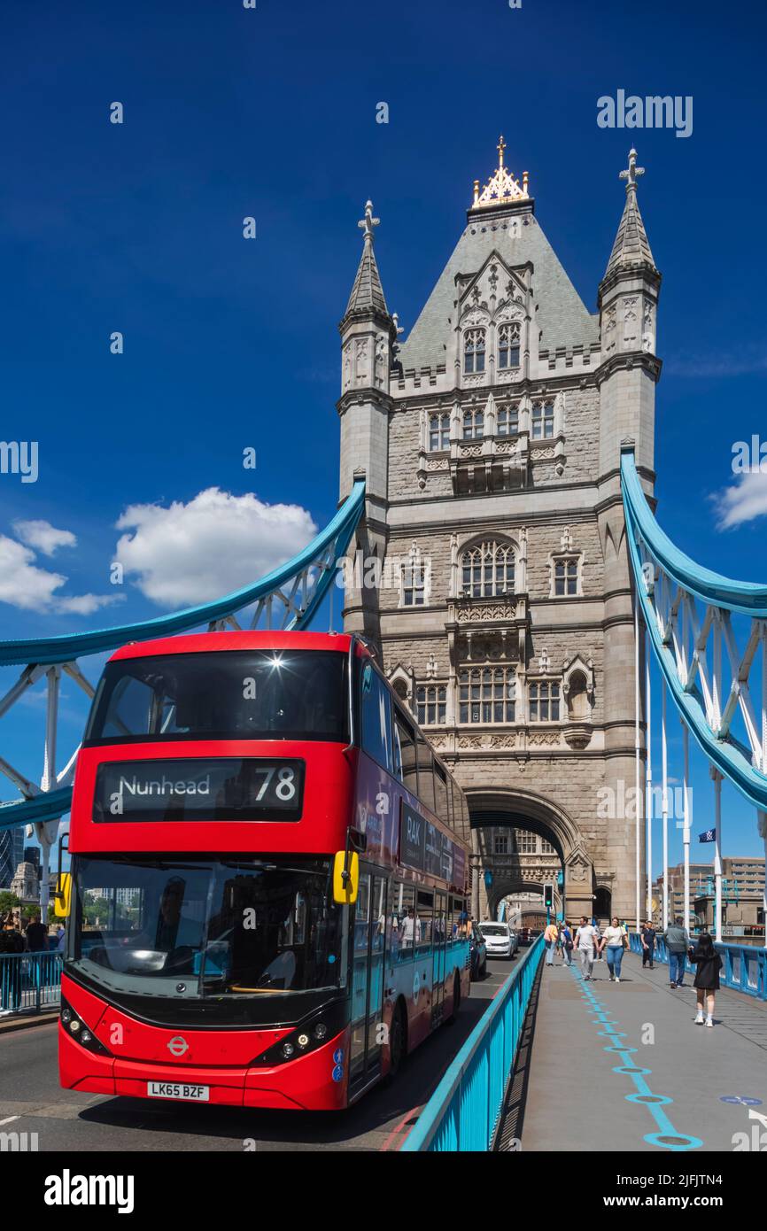Tower Bridge with Red Double Decker Bus in the Daytime, London, England ...