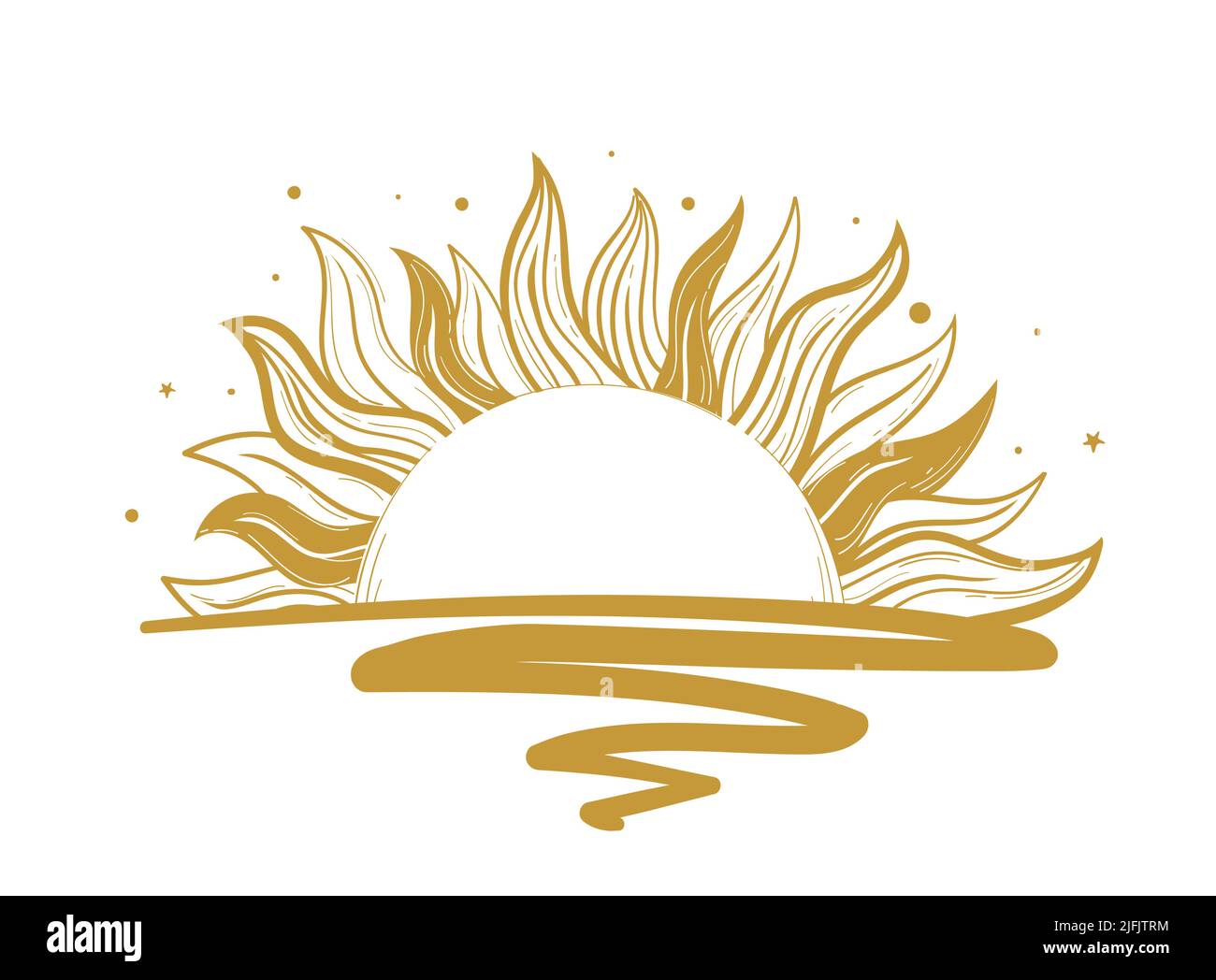 Golden sun with rays dissolves in water icon. Mystical boho sticker ...