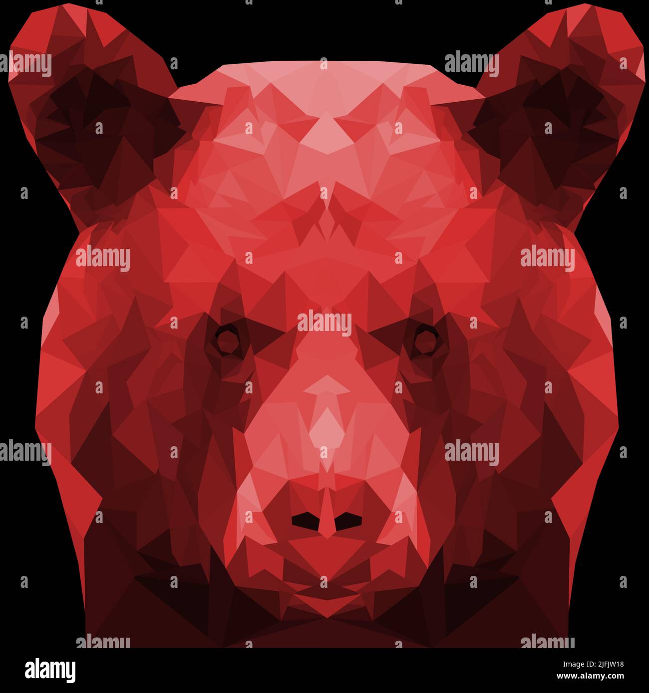 Red colored polygonal abstract wild bear face on black background ...
