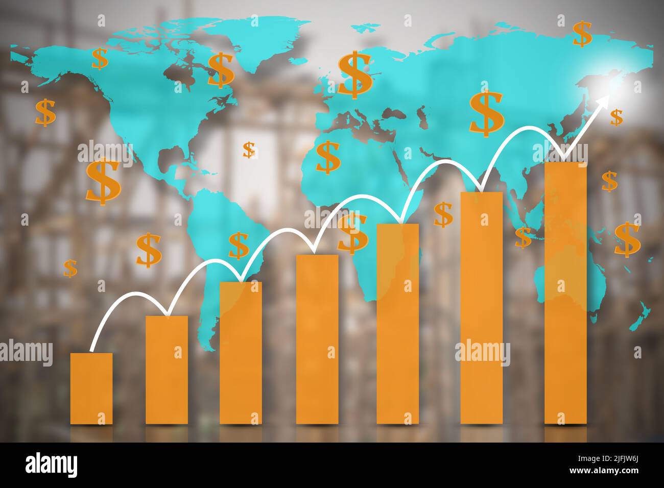Double exposure with red world map with downward bar graph from ...