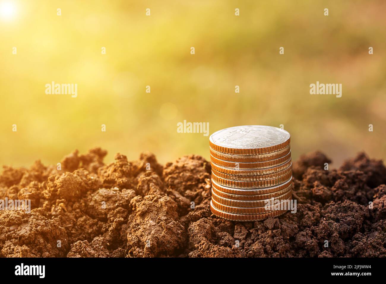 Money coin stack growing on ground with blurred background. Business ...