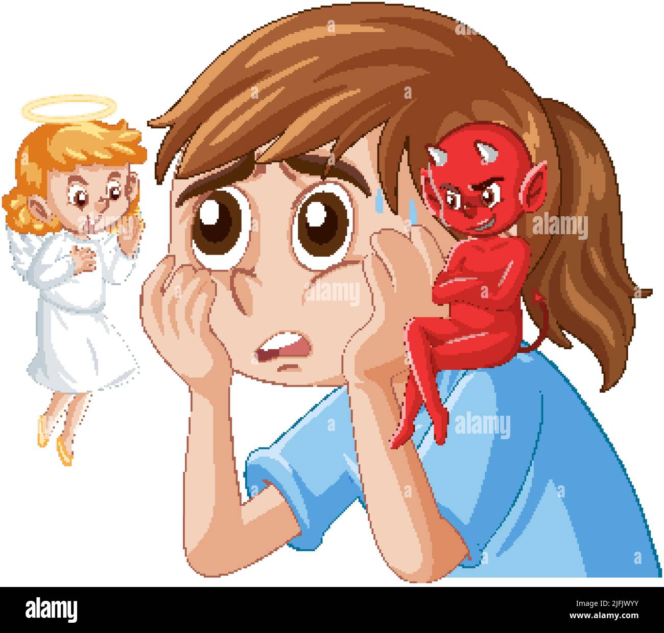 Cartoon character with devil and angel fighting in thought illustration ...