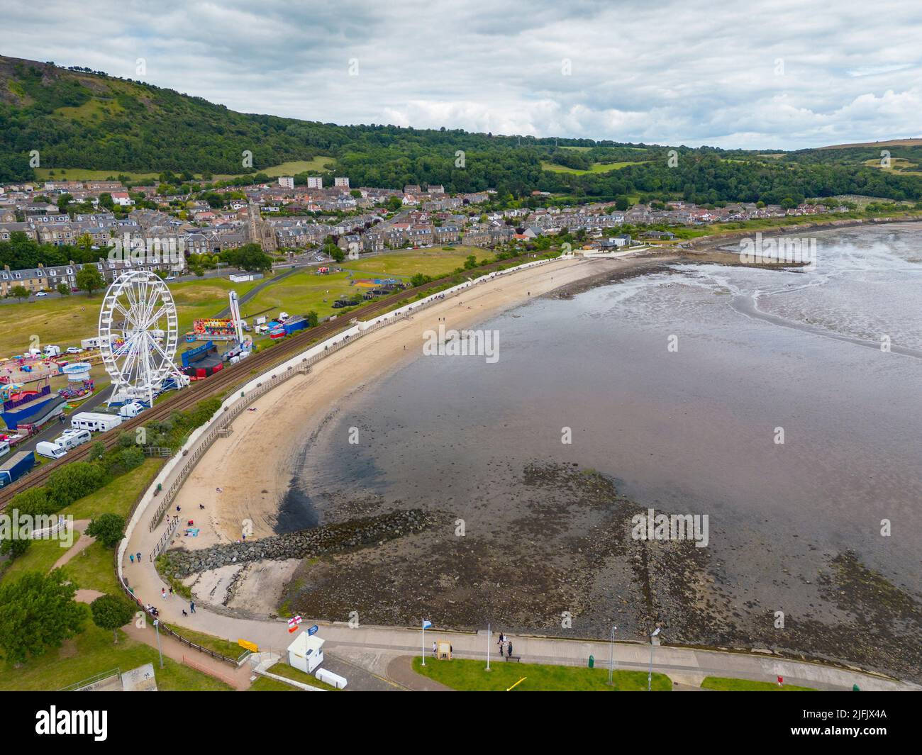 Aerial view from drone of beach and promenade at Burntisland in Fife ...