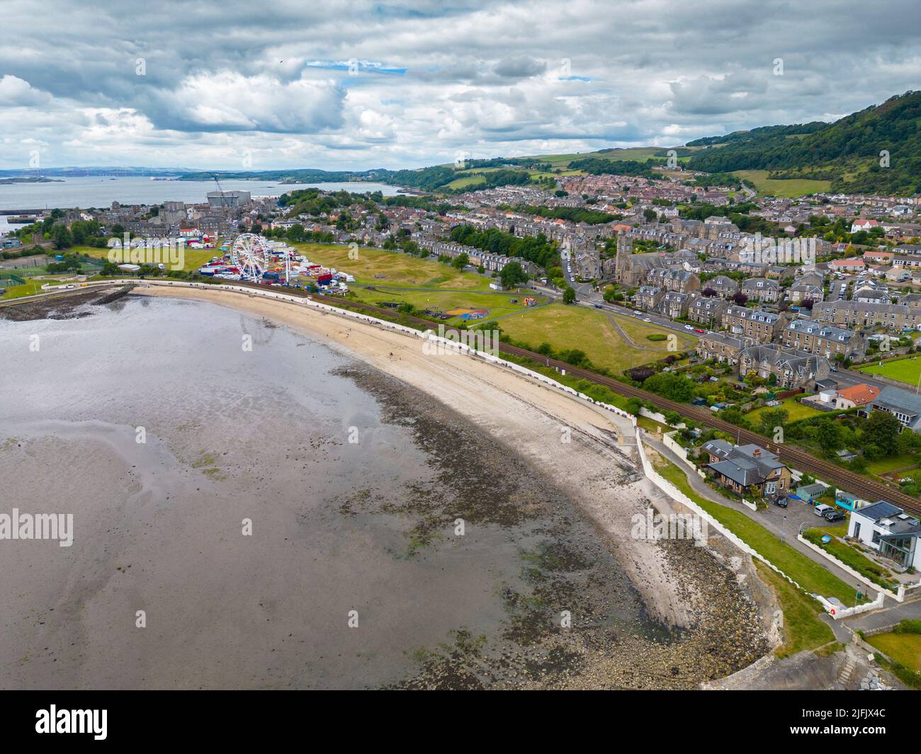 Aerial view from drone of beach and promenade at Burntisland in Fife ...