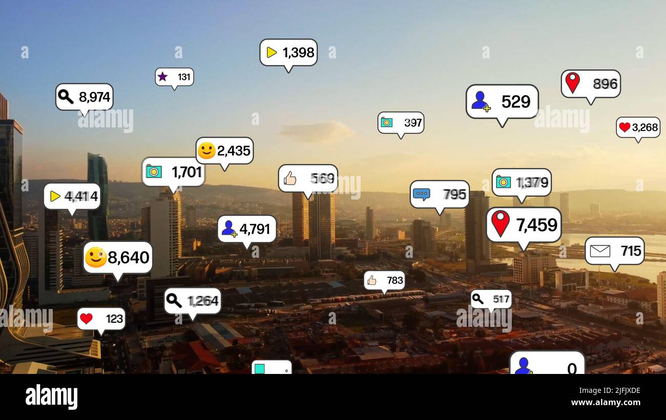 Social media icons fly over city downtown showing people engagement ...