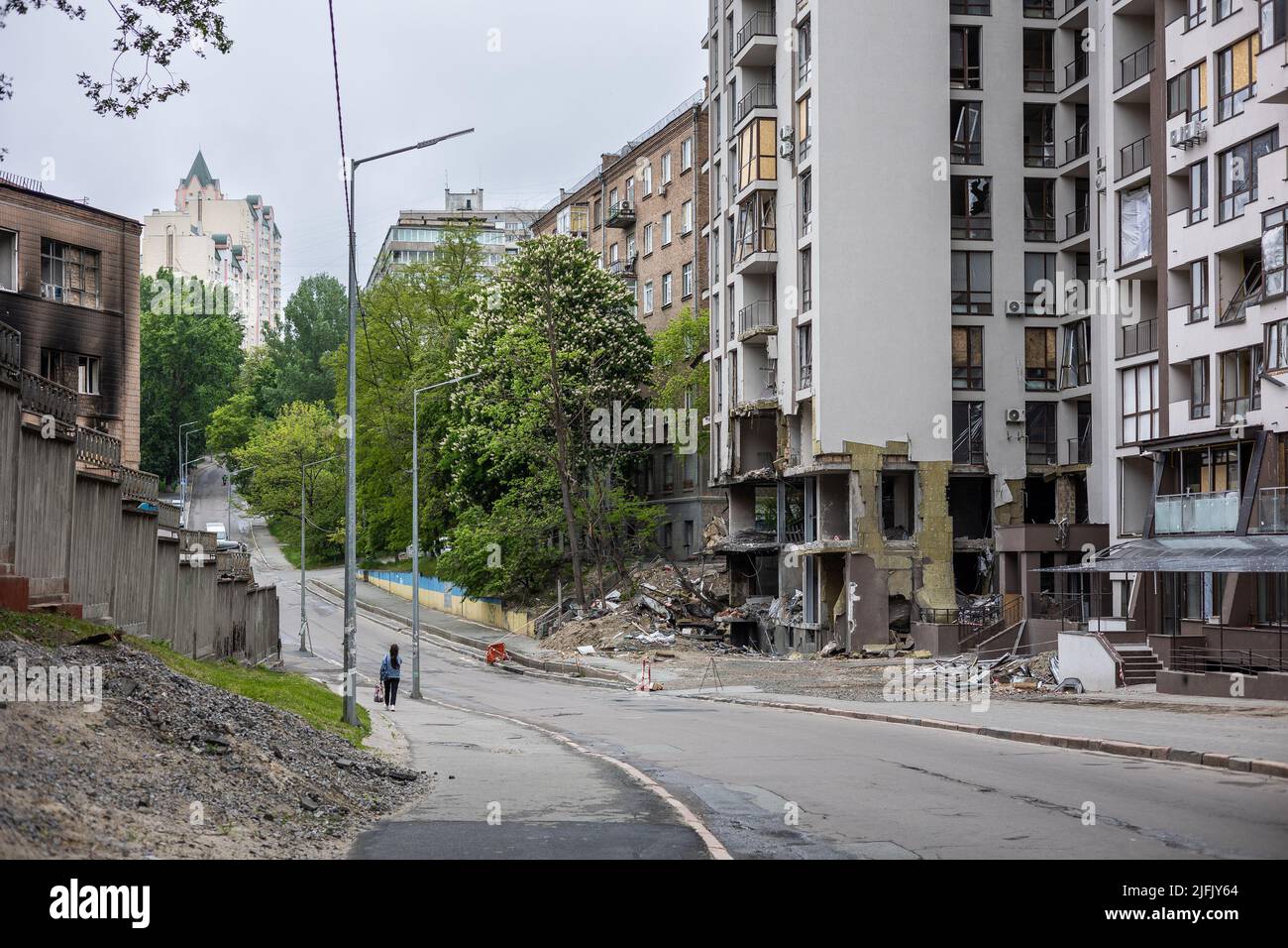KYIV, UKRAINE - MAY 22, 2022: The facade a lower floorsof an apartment ...