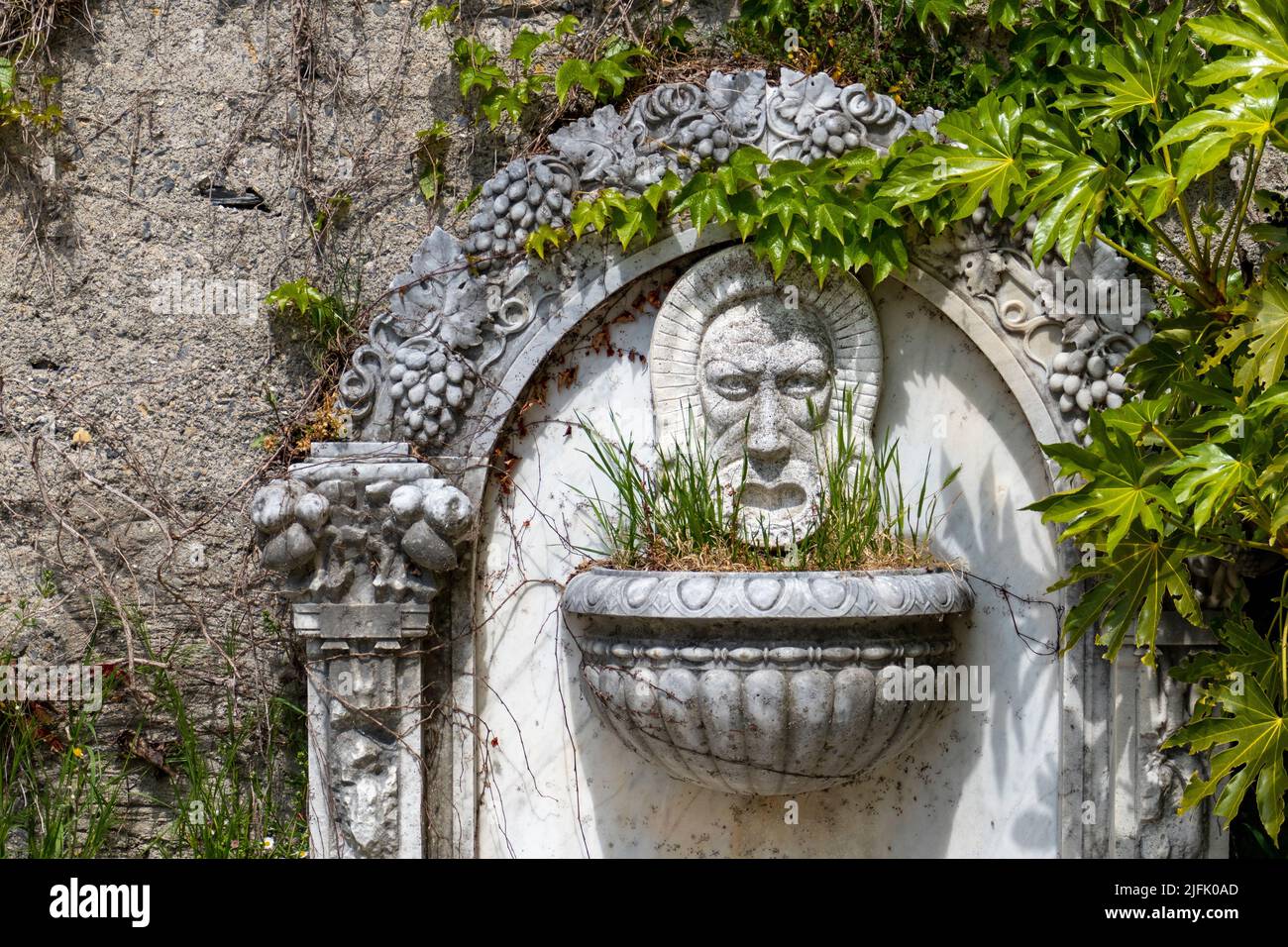 A beautiful shot of an old fountain covered with greenery in Scalea ...