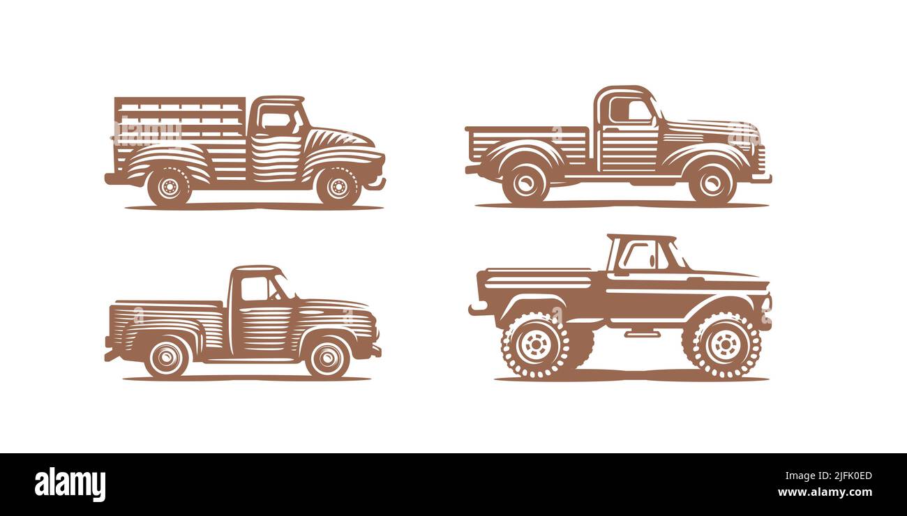 Farm trucks retro drawing, vector illustration of farming cars with ...