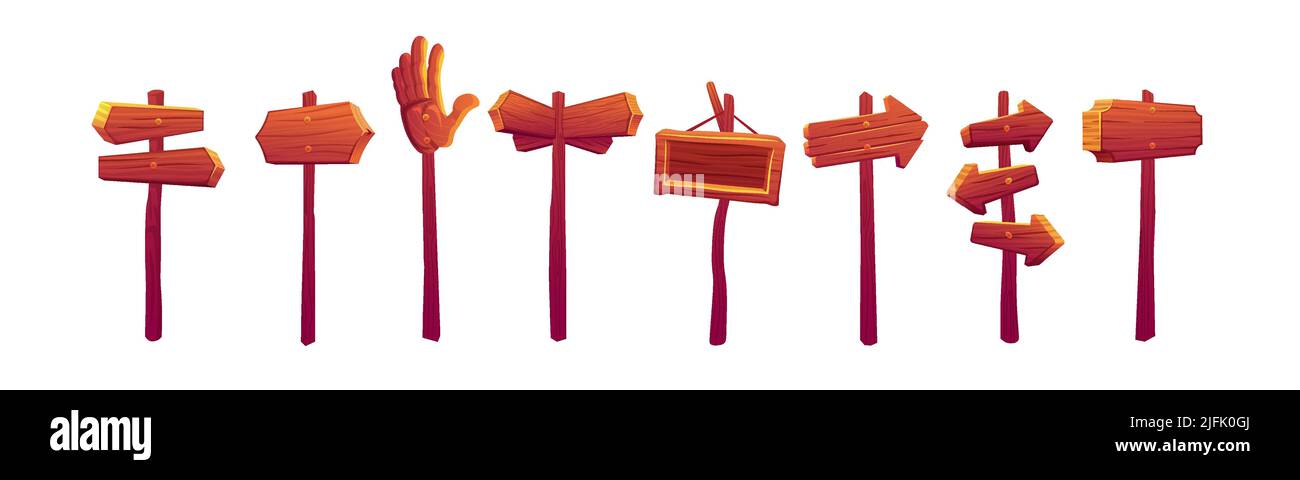 Wooden road sign boards, direction pointers on post. Vector cartoon set ...