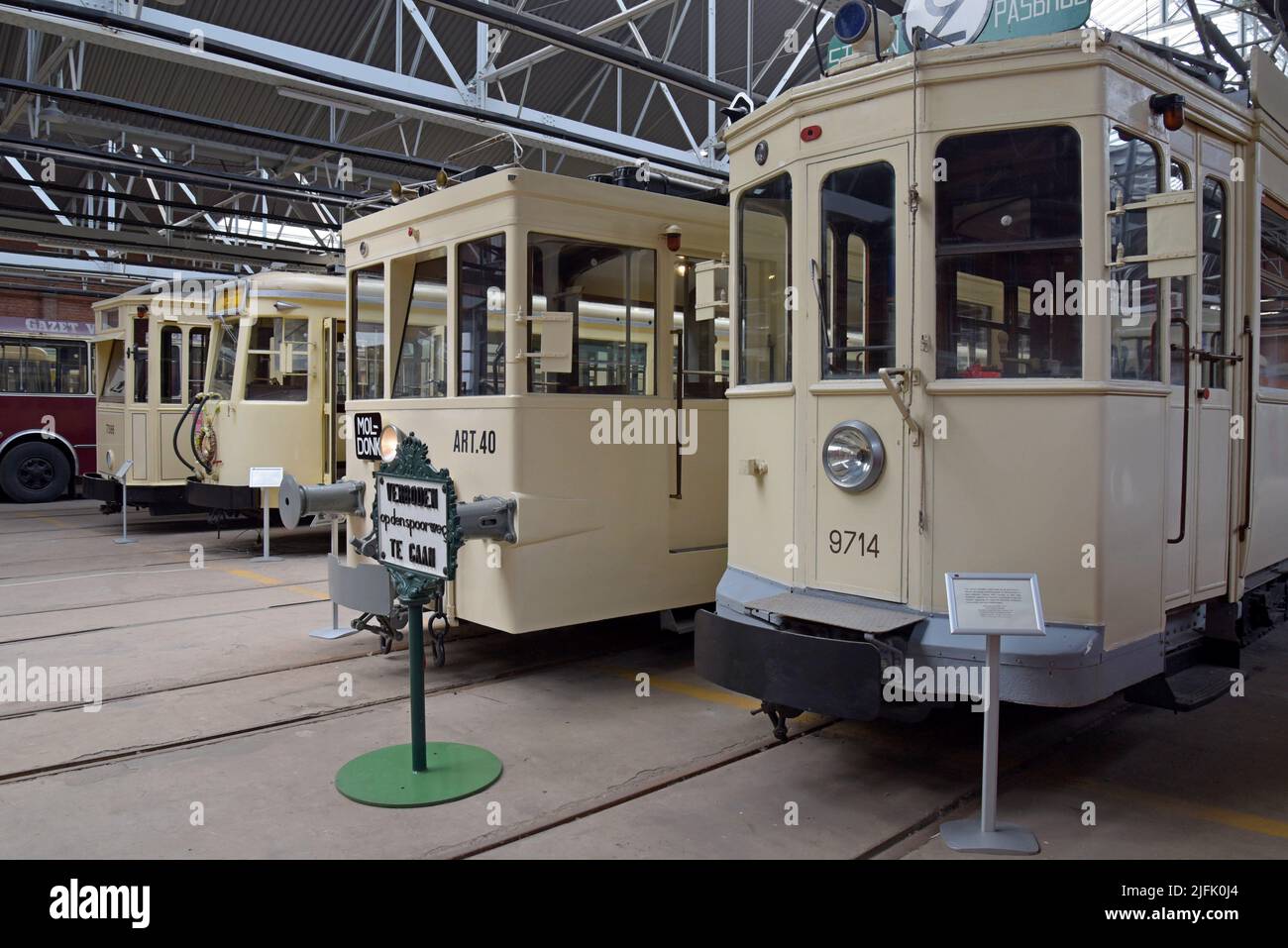 Vintage electric trams on display at Antwerp Tram Museum, Belgium Stock ...