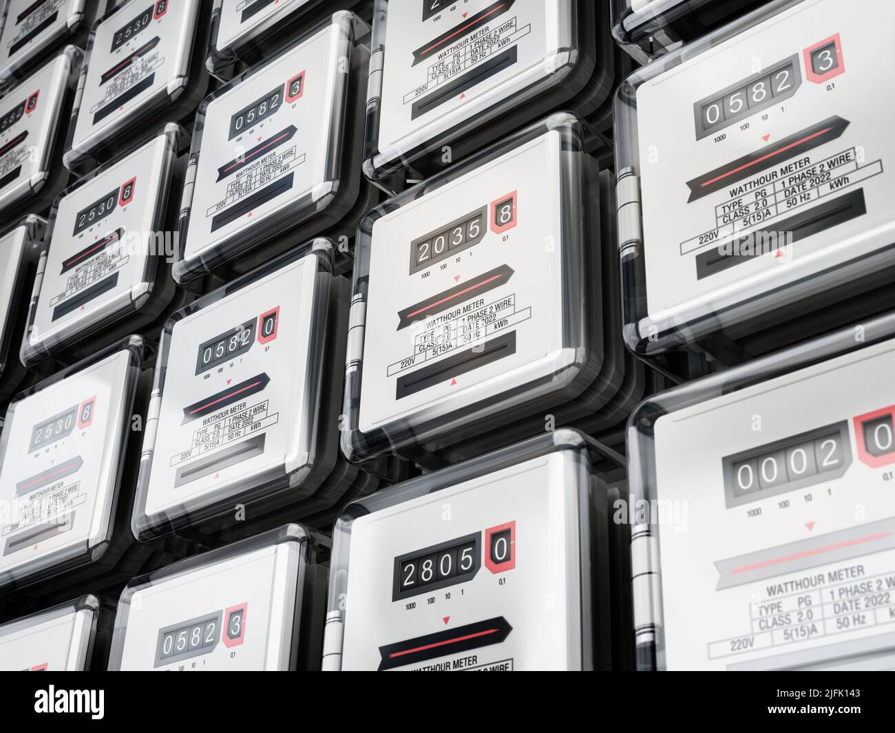 Large group of electricity meters. 3D illustration Stock Photo - Alamy