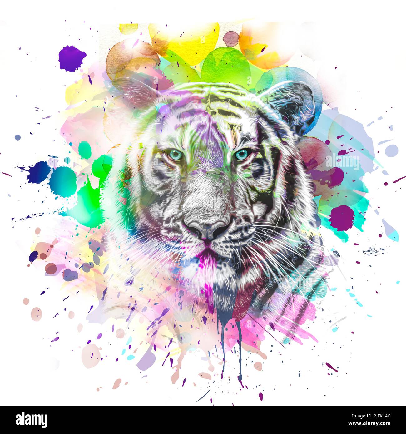 Bright abstract colorful background with tiger, paint splashes color ...