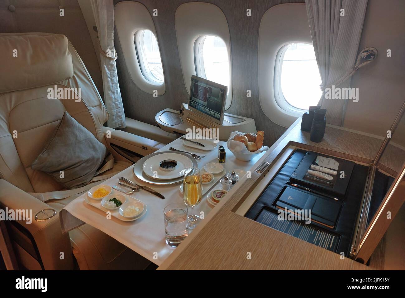 Caviar served at the first class of Dubai's flagship airline Emirates ...