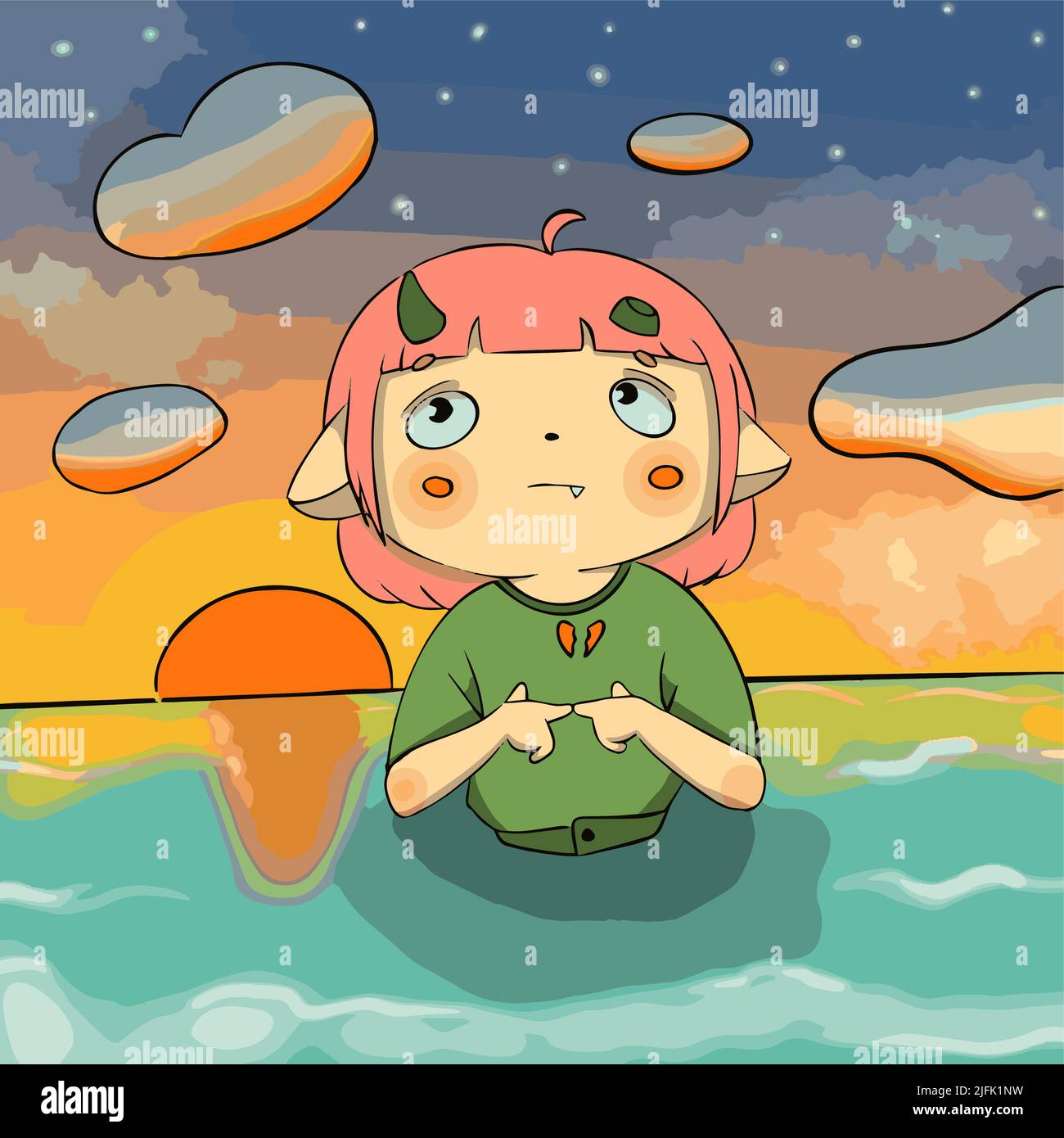 cute cartoon character standing in the water against the backdrop of ...