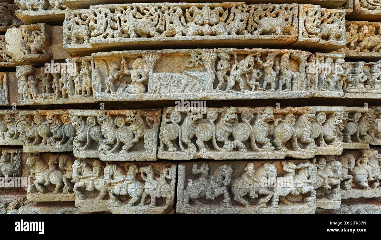 War Scenes, horses and lions carved on Mallikarjuna Temple, Basaralu ...