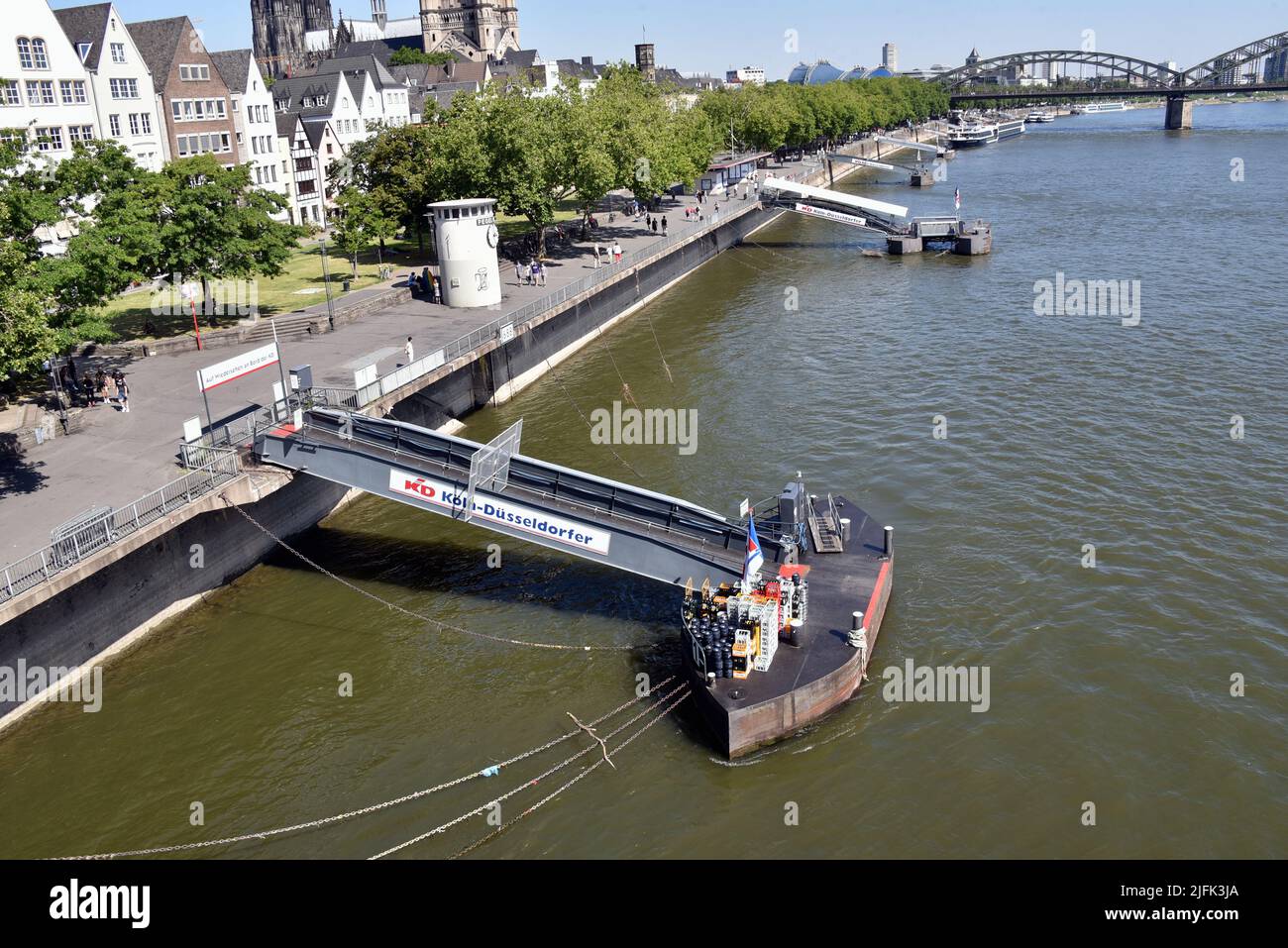 Cologne, Germany. 03rd July, 2022. Ship jetty, floating jetty, pier for ...