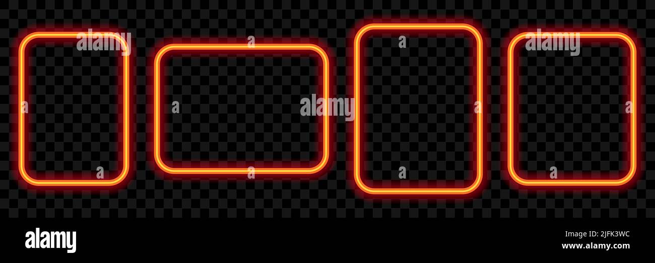 Set of square neon light on a transparent background. Neon frame design ...
