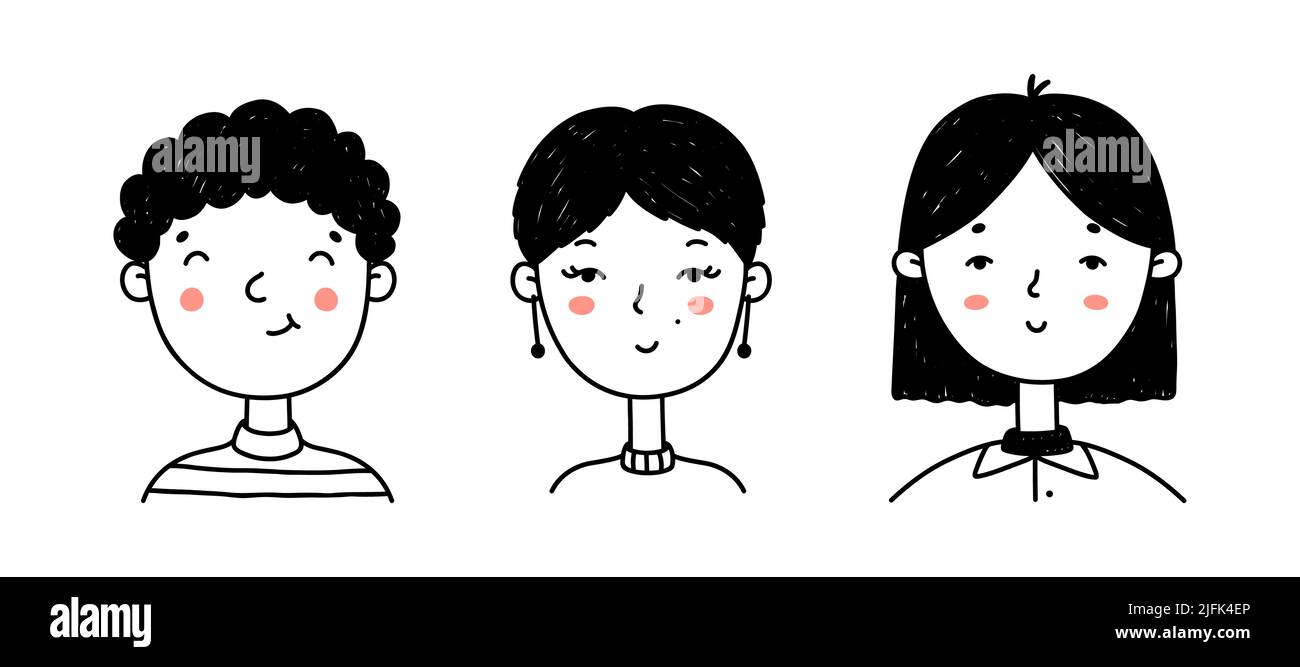 Set of cute people faces in doodle style. Portraits of happy young ...