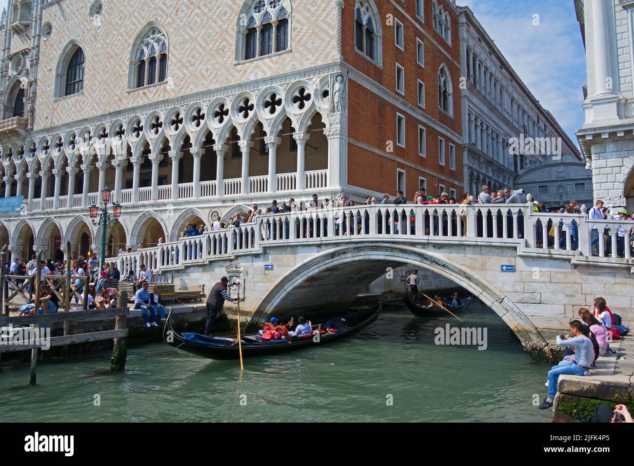 VENICE, ITALY - APRIL 18, 2019 Venetian canals and bridges and tourist ...