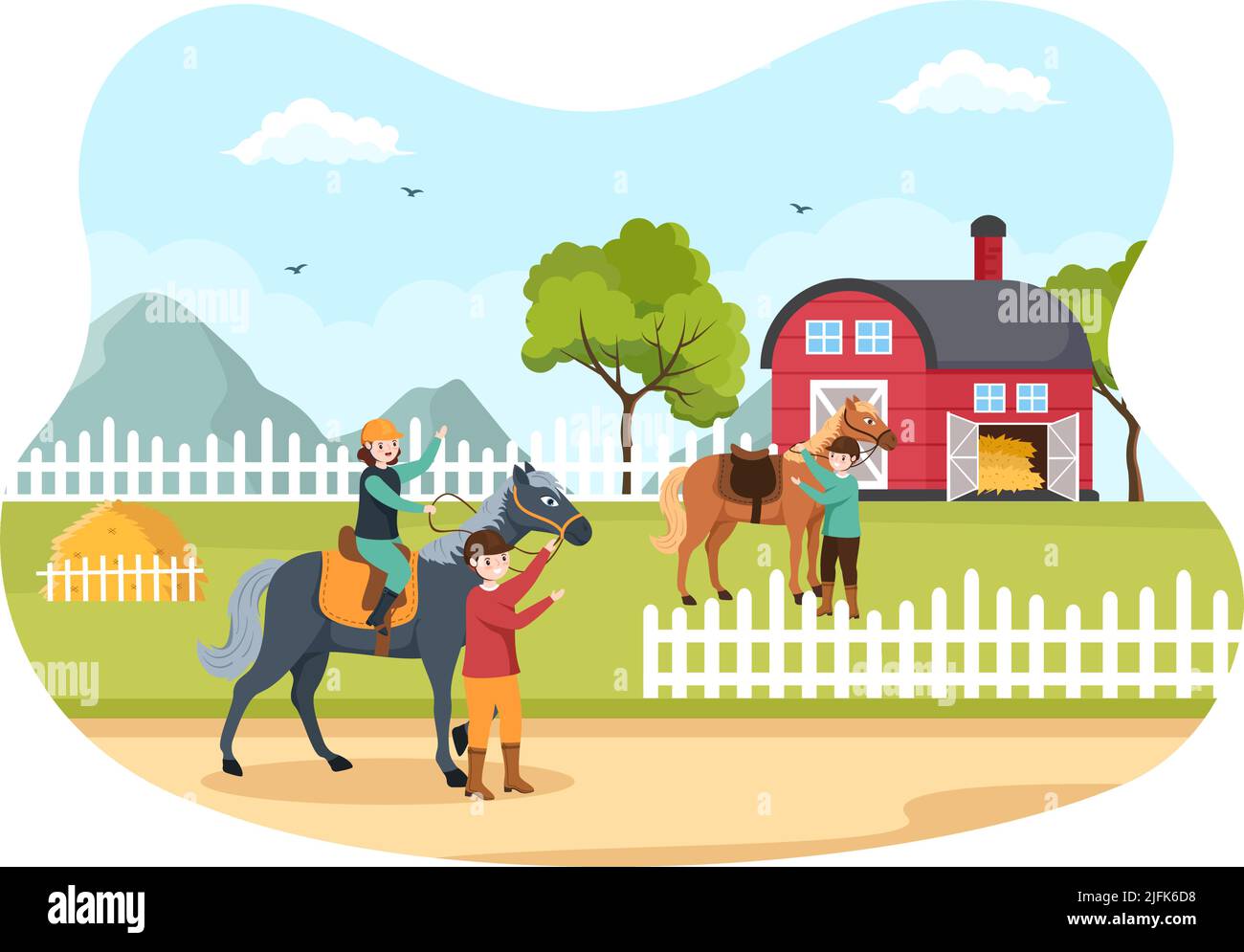 Horse Riding Cartoon Illustration with Cute People Character Practicing ...