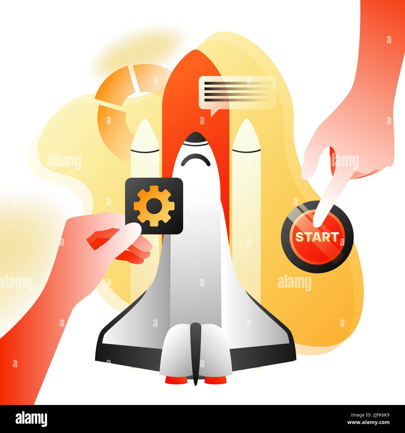 Startup Launch Illustration. Hand pressing Start Button, Rocket and ...