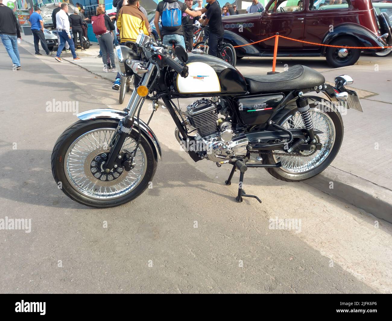 Shot of a classic black and white Zanella Ceccato 60 motorcycle. Expo ...