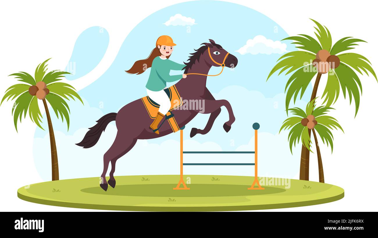 Horse Riding Cartoon Illustration with Cute People Character Practicing ...