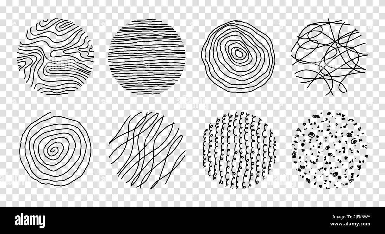 Set of round Abstract Patterns. Hand drawn doodle shapes. Spots, Curves ...
