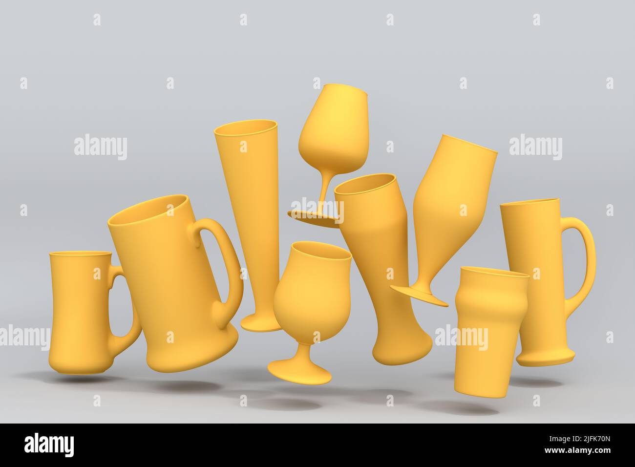 Set of yellow glasses of fresh draft beer on a grey monochrome ...