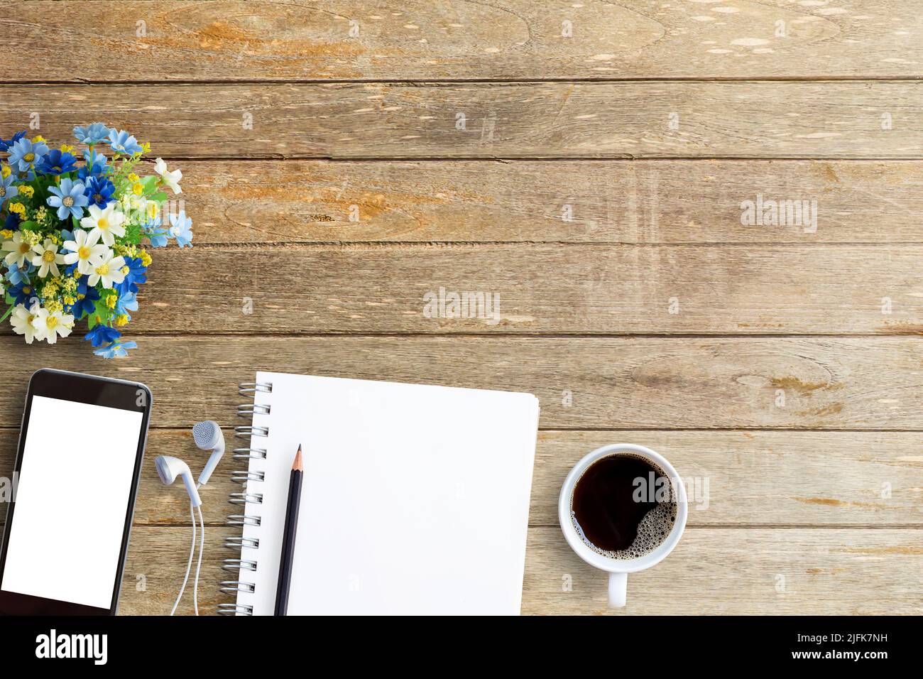 Office desk -Laptop computer with smart phone notebook and coffee cup ...