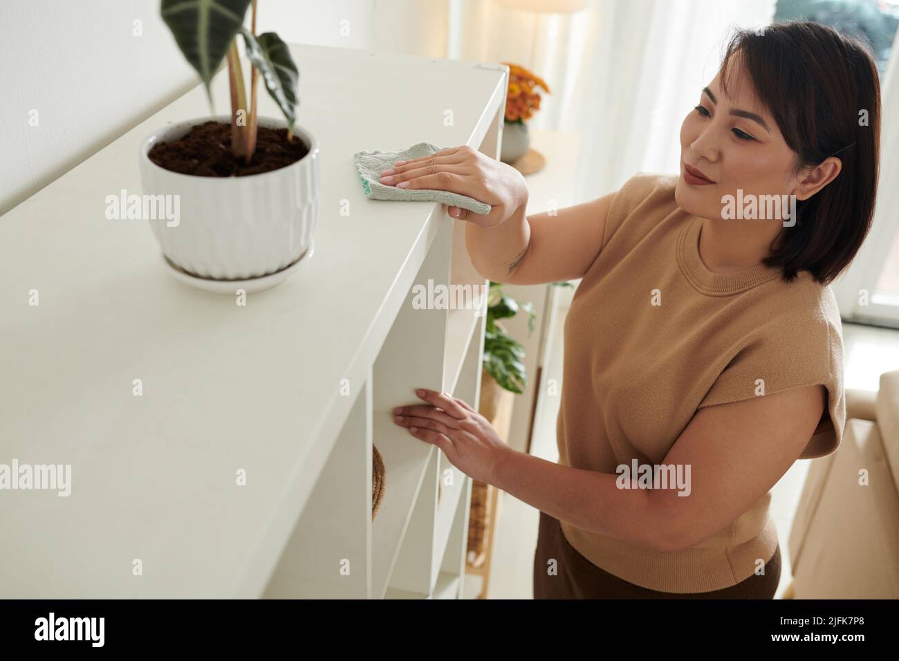Asian housewife wiping dust with rag on the top of bookcase during ...