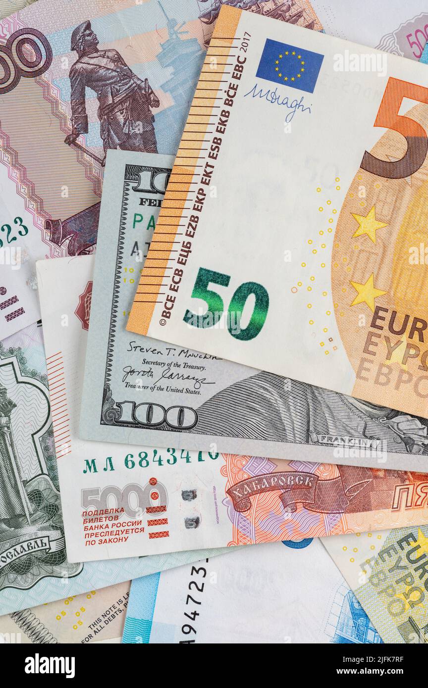 Money from different countries: dollars, euros, rubles. International ...