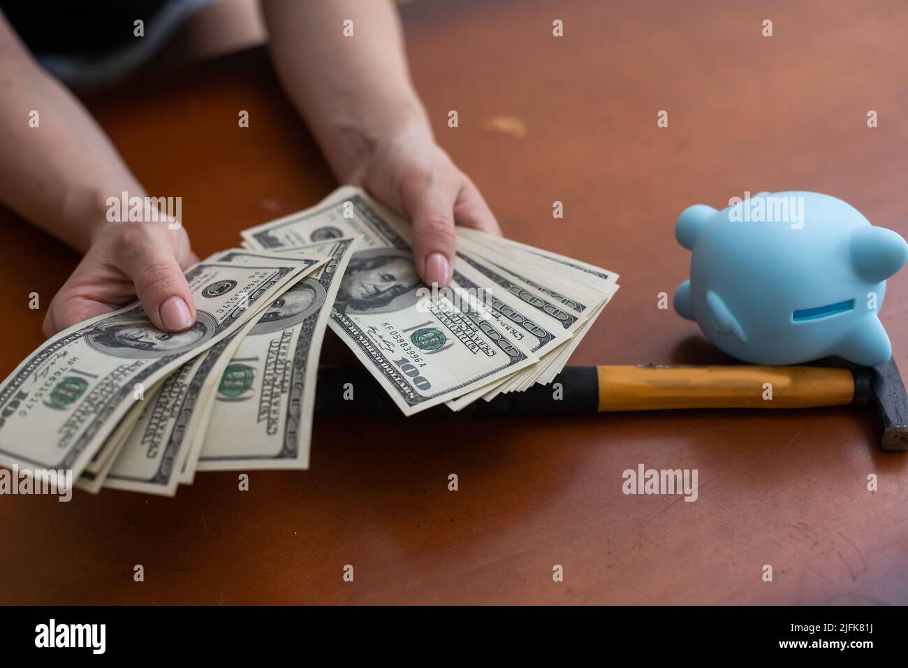 Woman holding US dollar money, hammer, piggy bank Stock Photo - Alamy