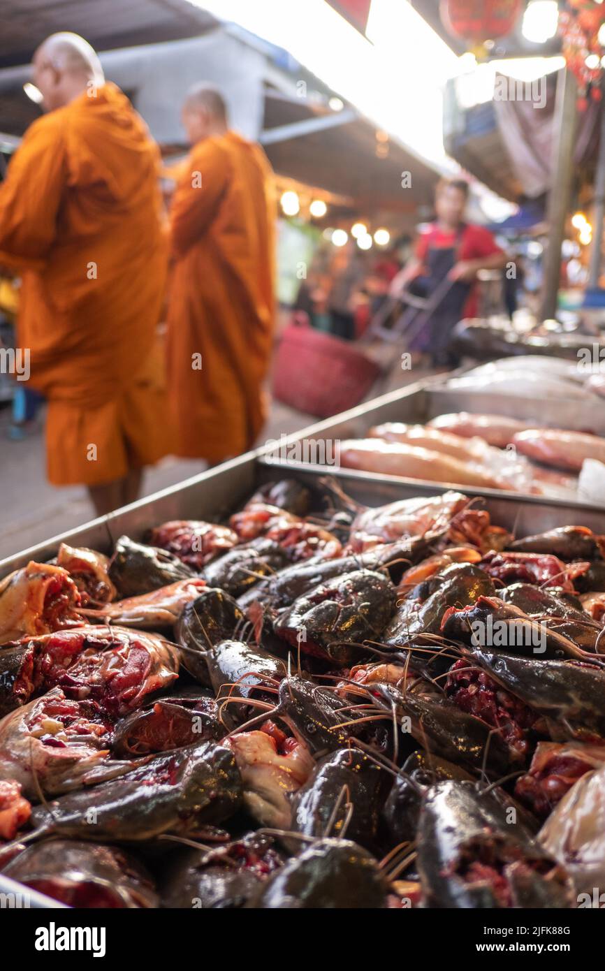 Raw fish head in tray in the local fresh market with two monks in the ...