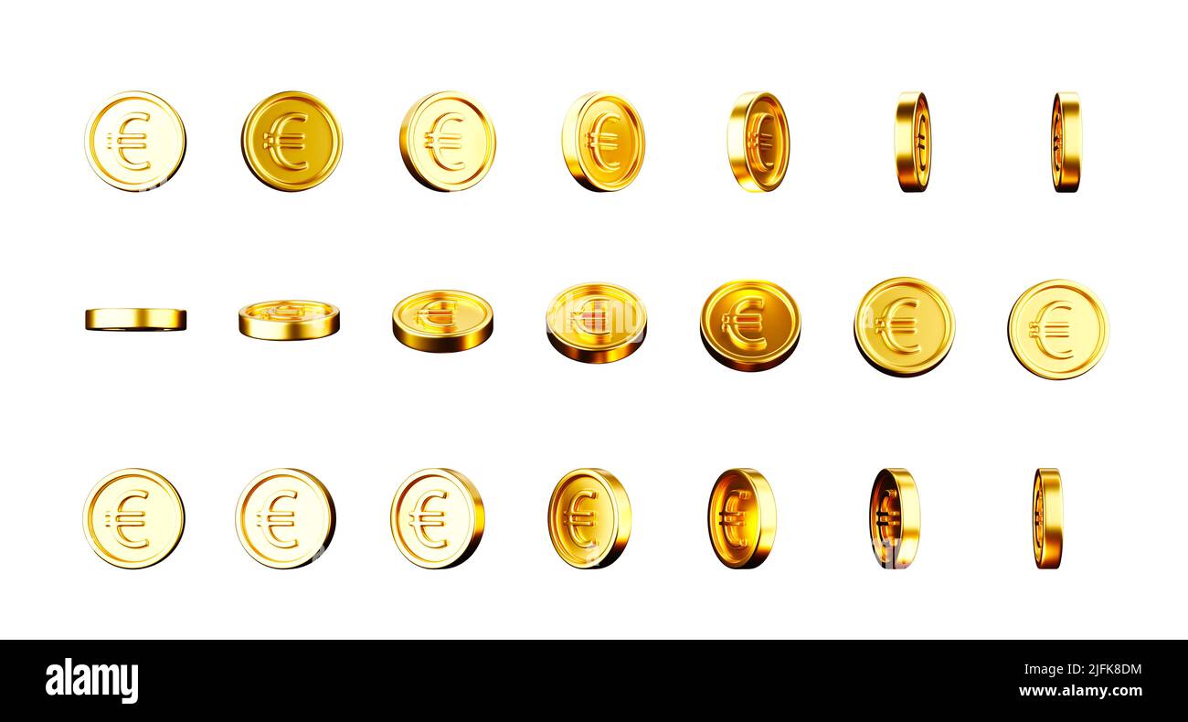 Set of golden euro coins in different rotation views Stock Photo - Alamy