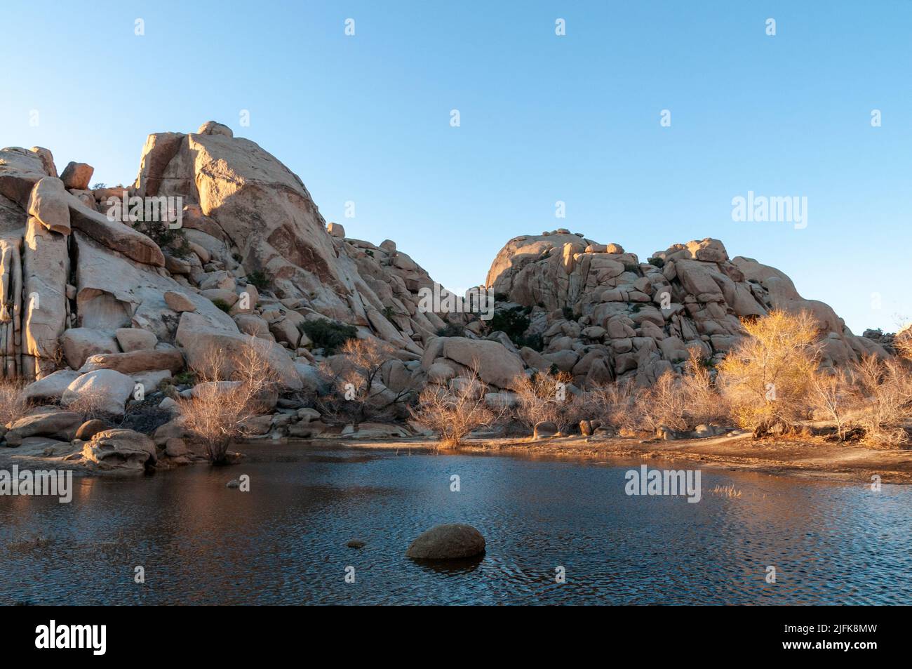 Overlooking Barker Dam in Joshua Tree National Park during golden hour ...